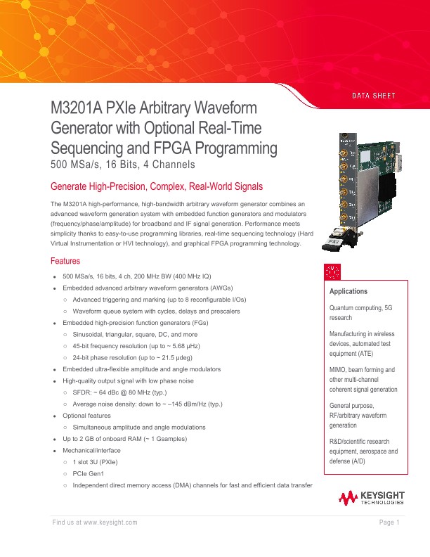 M3201A PXIe Arbitrary Waveform Generator with Optional Real-Time Sequencing and FPGA Programming ...